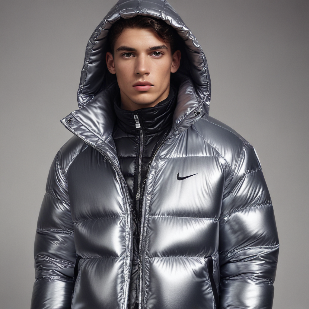 Male supermodel nike shiny puffer jacket bling jewellery hood