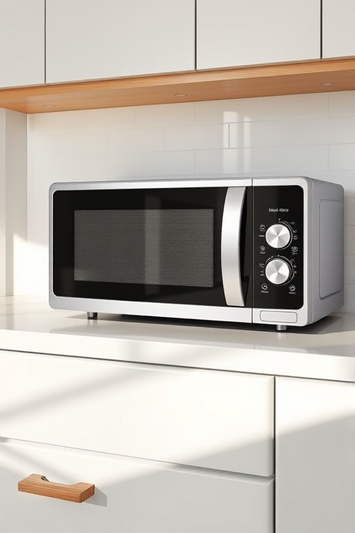 Create a high-resolution illustration of a modern microwave on a clean ...
