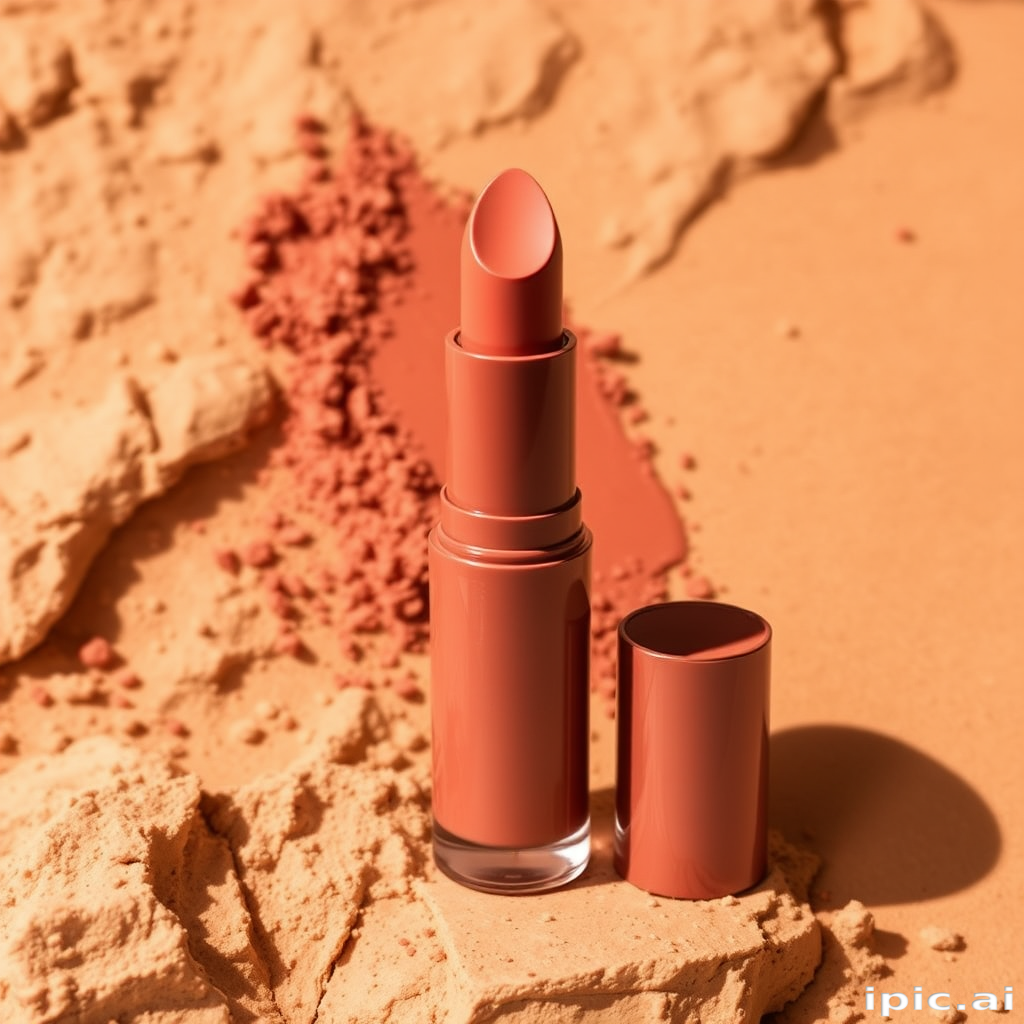 Elegant Lipstick Displayed on a Warm, Earthy Background of Makeup.