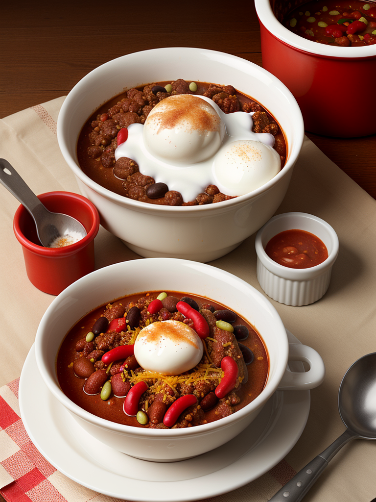 Delicious Hearty Chili Bowls Topped with Eggs and Flavorful Spices