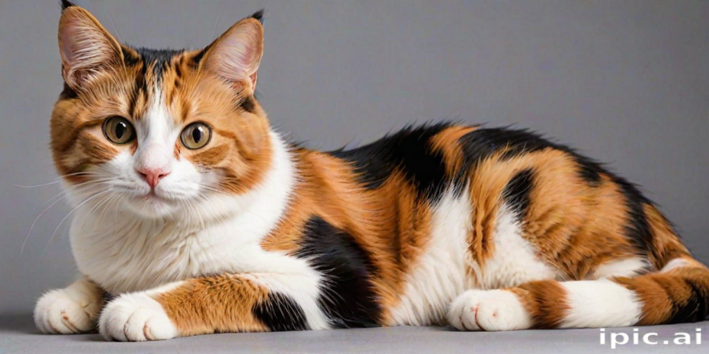 A Beautiful Calico Cat Lying Gracefully on a Grey Background.
