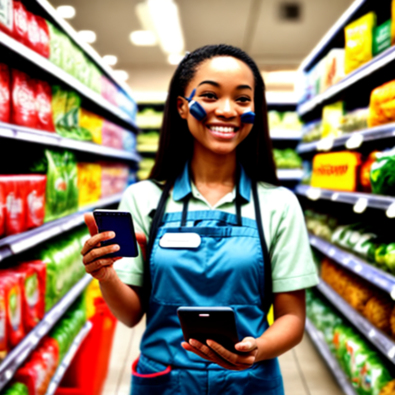 a cell phone in the hands of a supermarket employee.