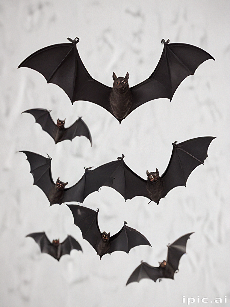 A Group of Realistic Bats Flying Against a Light Background Display.