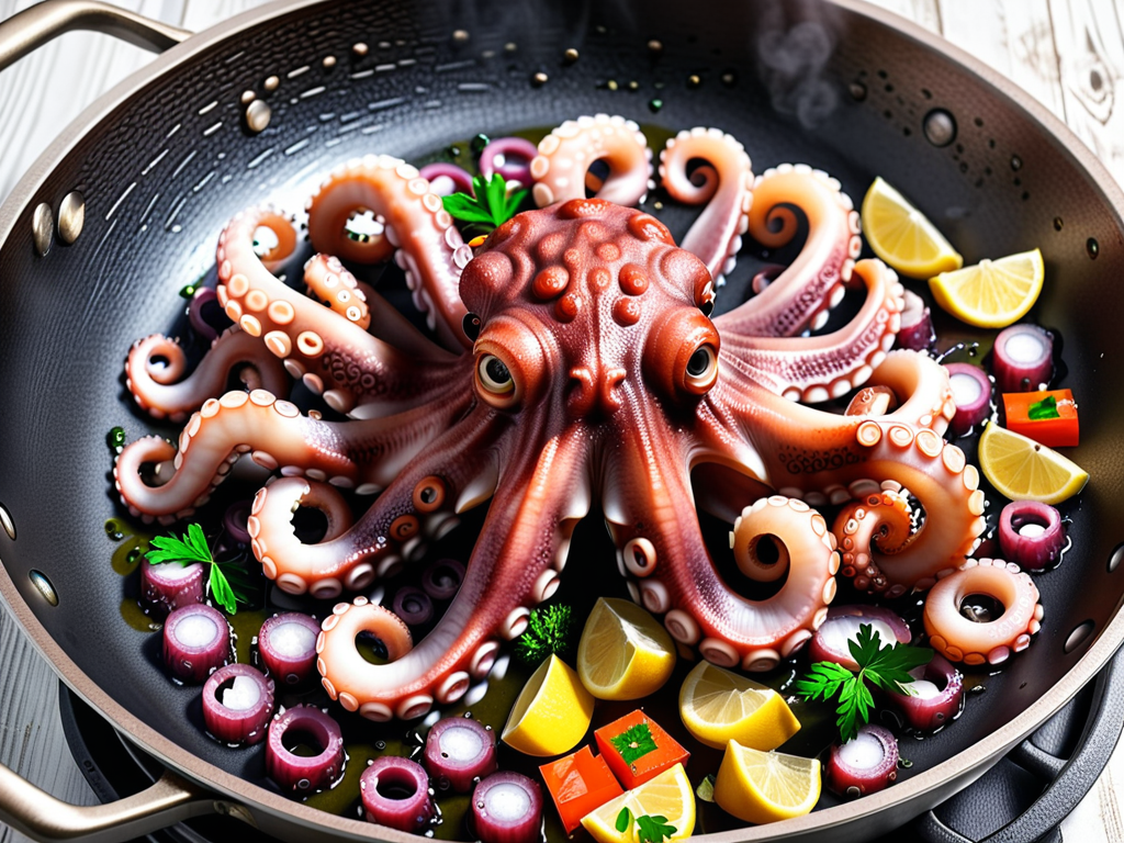 Deliciously Prepared Octopus in a Pan Surrounded by Fresh Vegetables