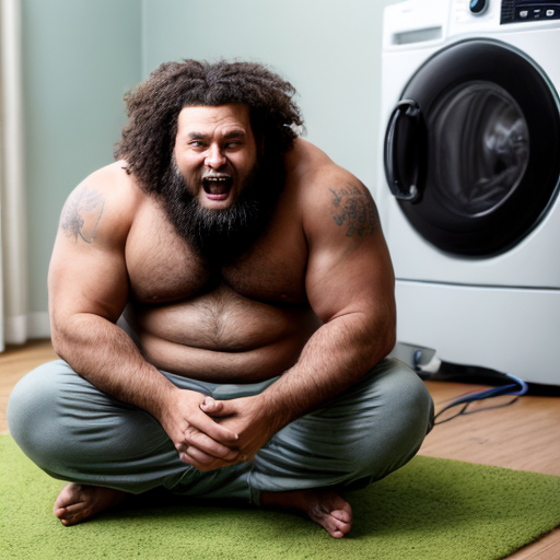 Male man fat beast with sharp teeth surrounded by piles of dirty laundry