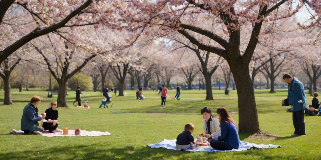 A Beautiful Spring Day: Families Enjoying a Picnic Under Cherry Blossoms.
