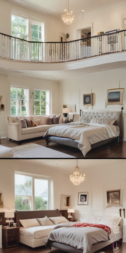 Elegant Two-Level Bedroom Design Featuring Cozy Seating and Natural Light