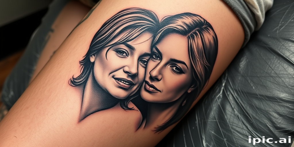 Intricate Tattoo Depicting Two Women with Beautiful Expressions on Thigh