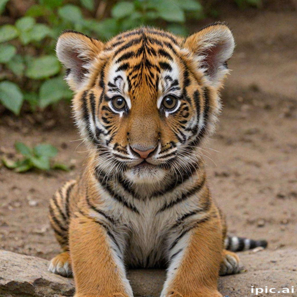 Adorable Tiger Cub Sitting Calmly in Natural Outdoor Environment
