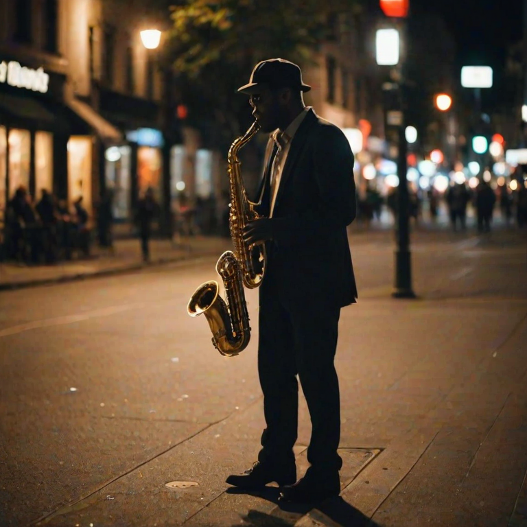 Jazz Musician Playing Saxophone on a Vibrant City Street at Night