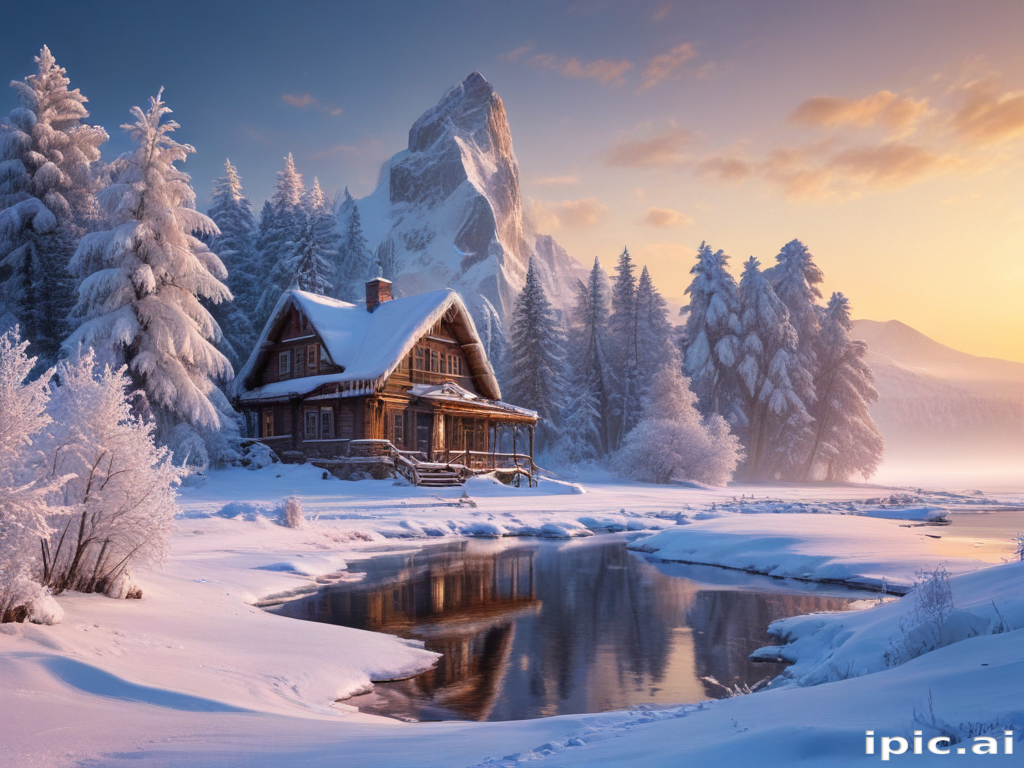 Charming Winter Cottage Nestled Among Snowy Mountains and Frosty Pines
