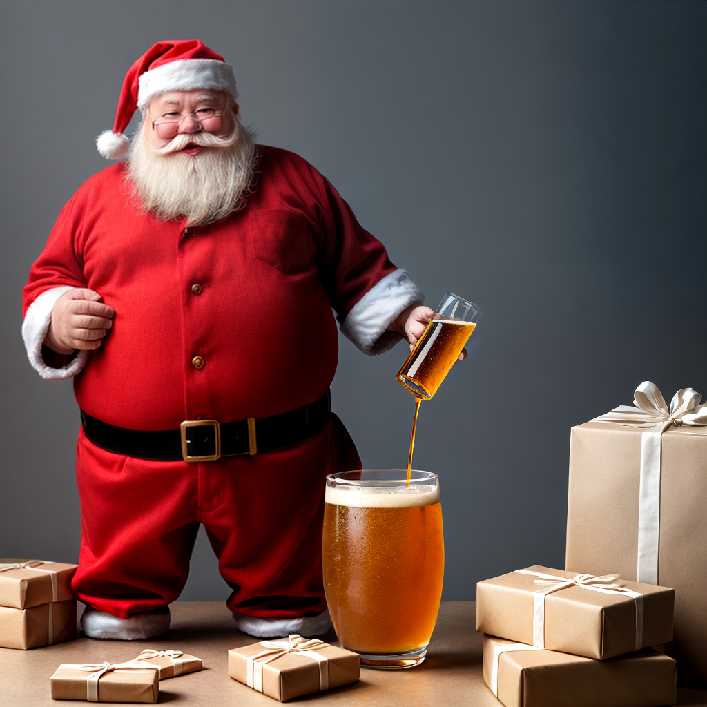 fat Santa, neglected, holding beer, packages in mess around him