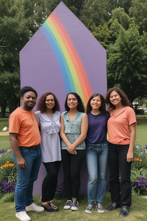 several BIPOC people standing in front of a purple monument with a ...