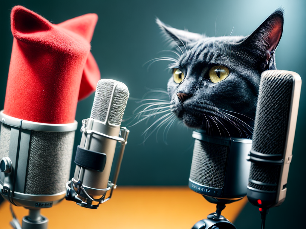 cat with a red hat singing into a microphone in a recording studio