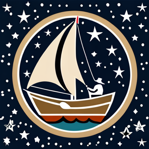 A simple logo of a Polynesian sailor on boat looking up at the stars ...