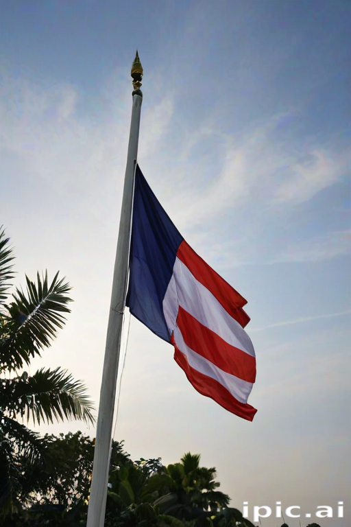 Majestic Flag Flying High Against a Beautiful Sky with Palm Trees