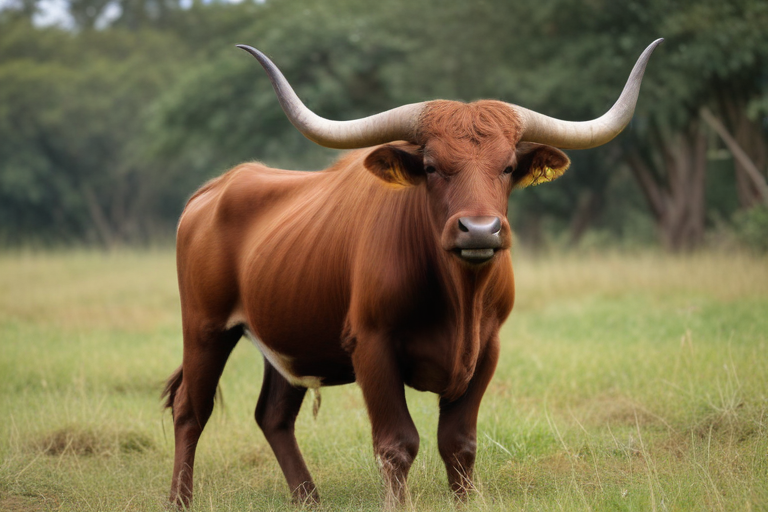 Majestic Brown Bull Standing Proudly in a Lush Green Field.