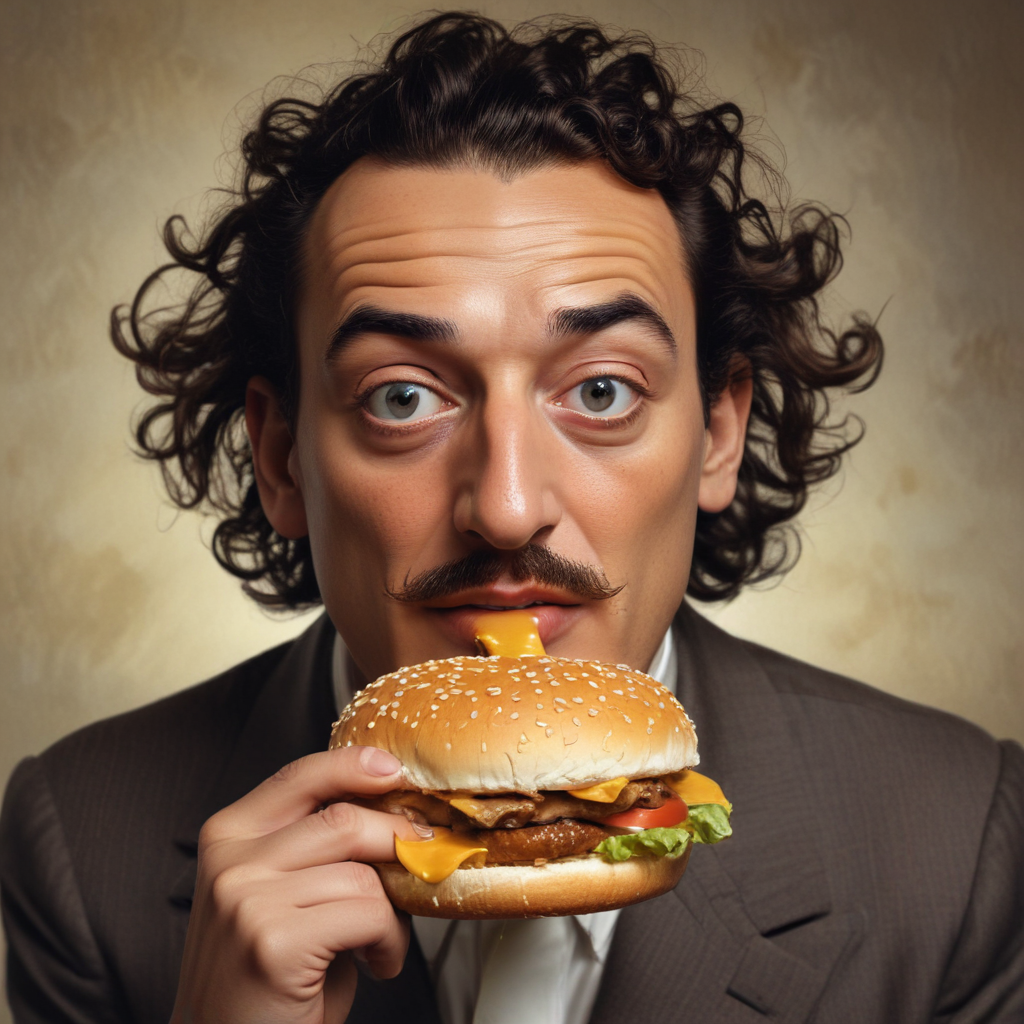 Salvador Dali curly slim mustache eating hamburger dripping cheese