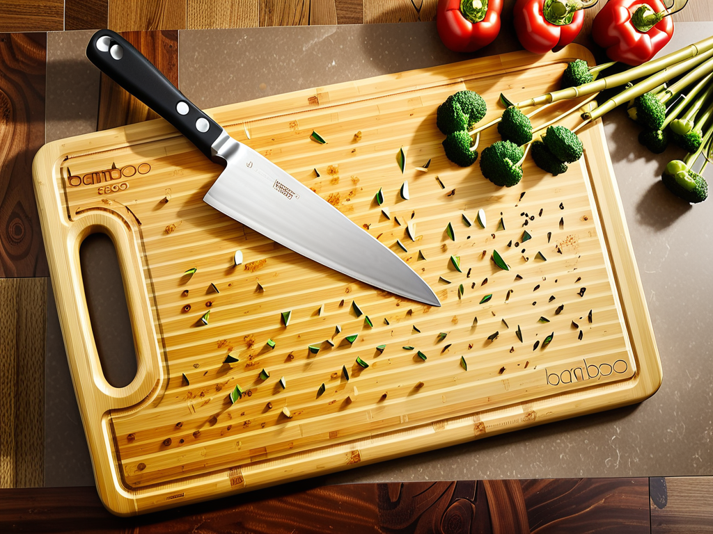 A Beautifully Arranged Cutting Board with Fresh Vegetables and Chef's Knife