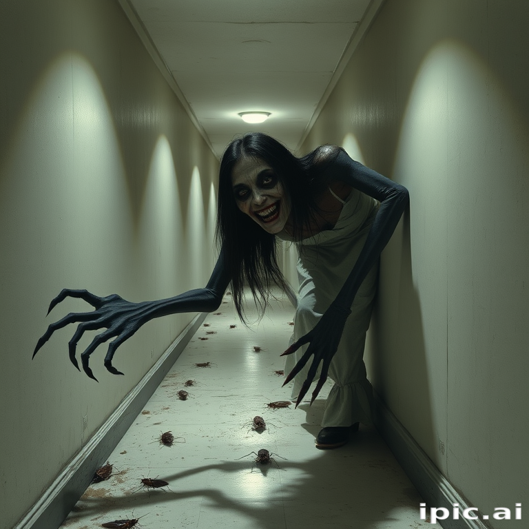 A Haunting Figure Emerges from Shadows in an Eerie Hallway Scene