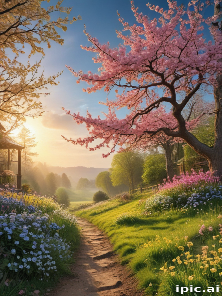 A Serene Spring Landscape with Blossoming Trees and Colorful Flowers.