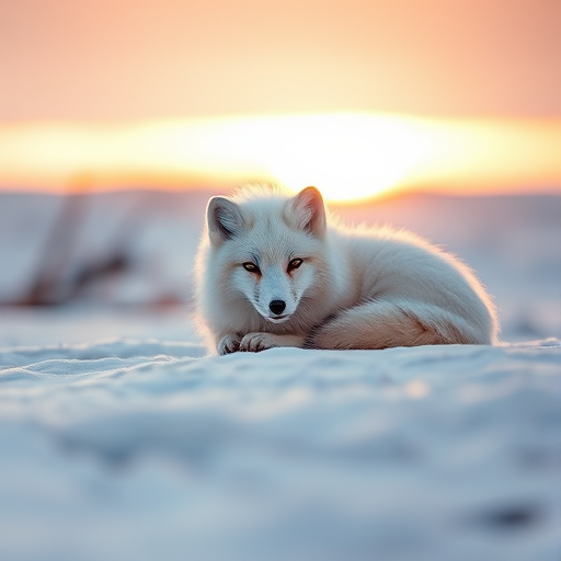 A Serene Arctic Fox Resting on the Snow at Sunset.