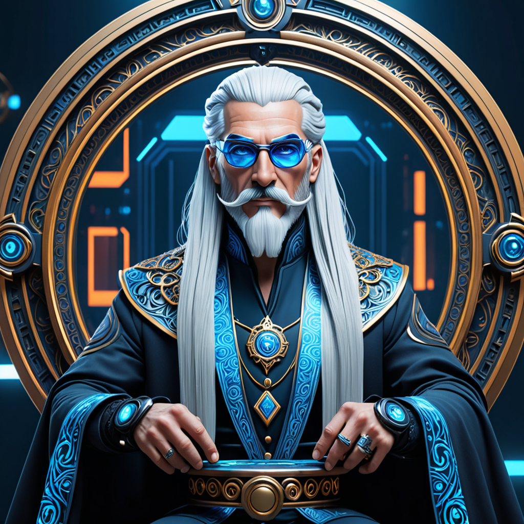 Create a unique 3D logo art of a villainous but royal looking cyberpunk ...