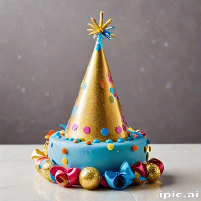 Colorful Birthday Cake Topped with a Festive Party Hat and Decorations