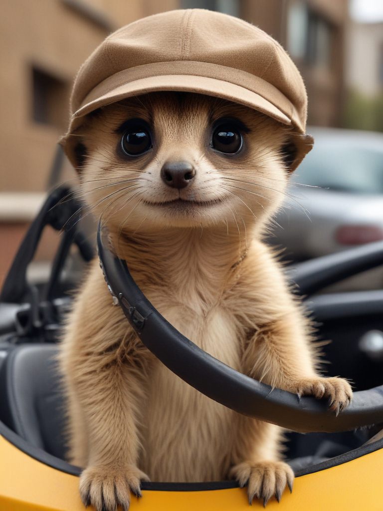 Cartoon baby meerkat with a cap driving a full size Lamborghini