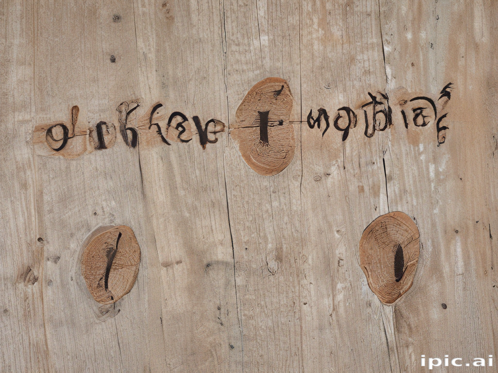 Intricate Wooden Carvings Featuring Unique Symbols on Rustic Surface