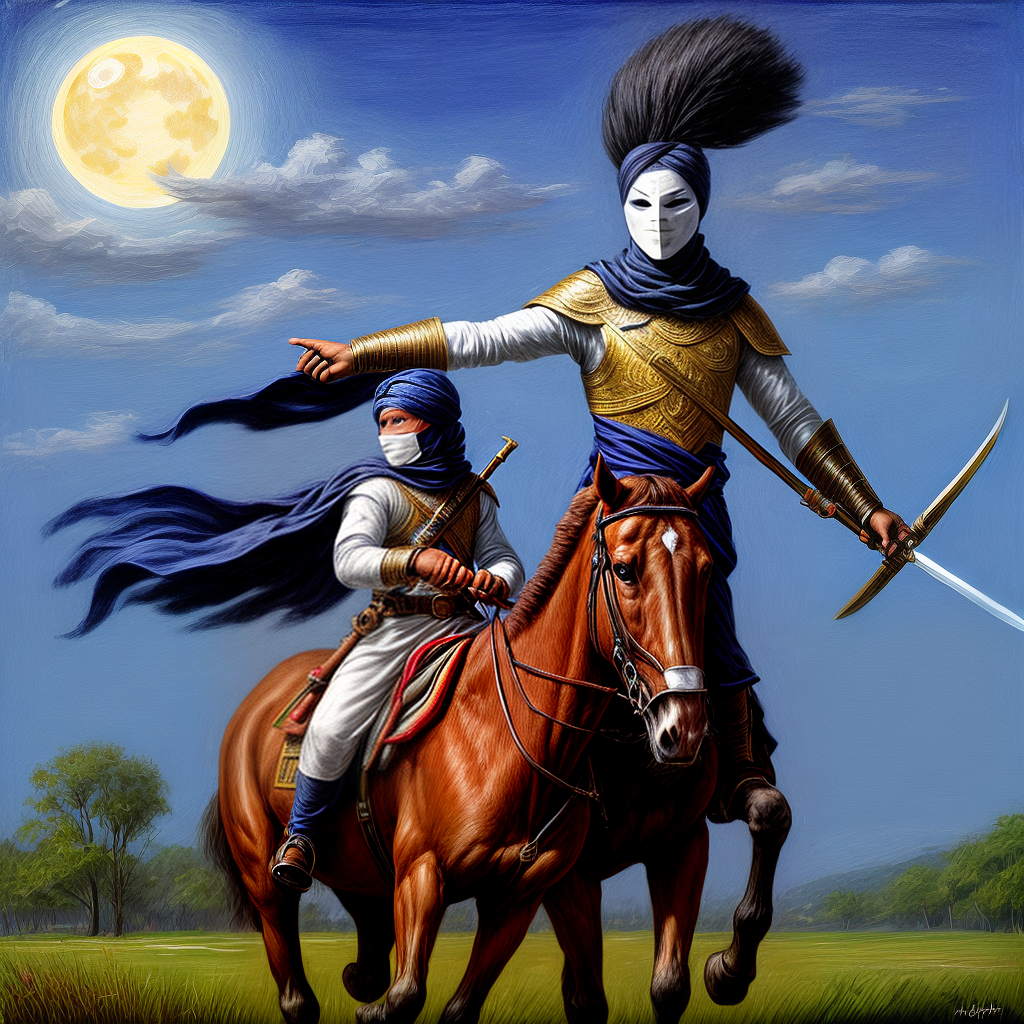 Arab warrior masked painting night moonlight angry turban sword