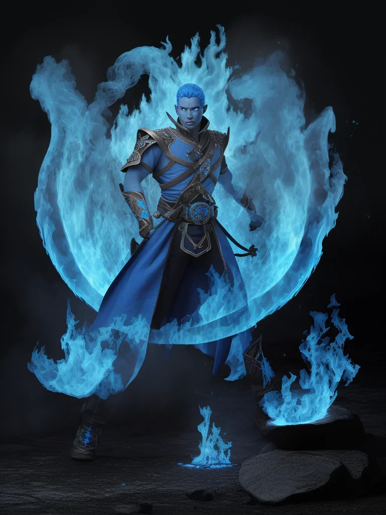 Heroic Warrior Summoning Blue Flames in a Dark, Mystic Realm