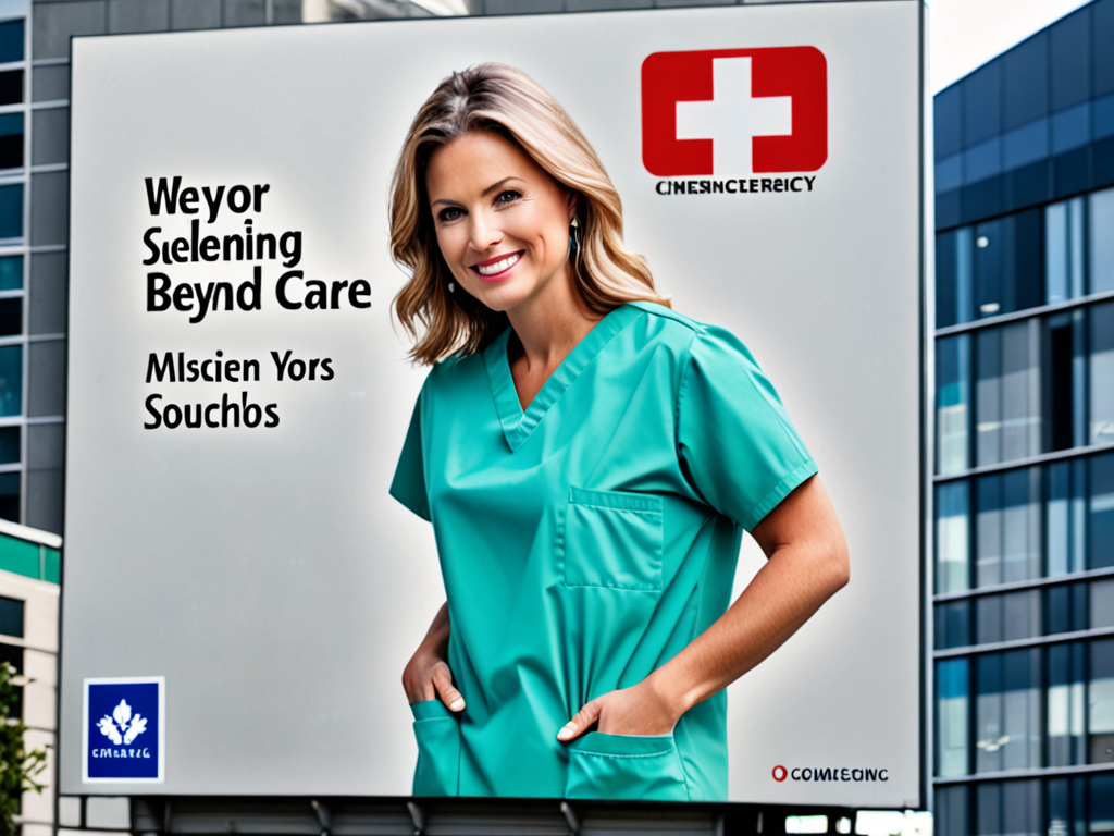 A PICTURE OF A NURSE ON A BILLBOARD THAT SAYS BEYOND CARE SCRUBS