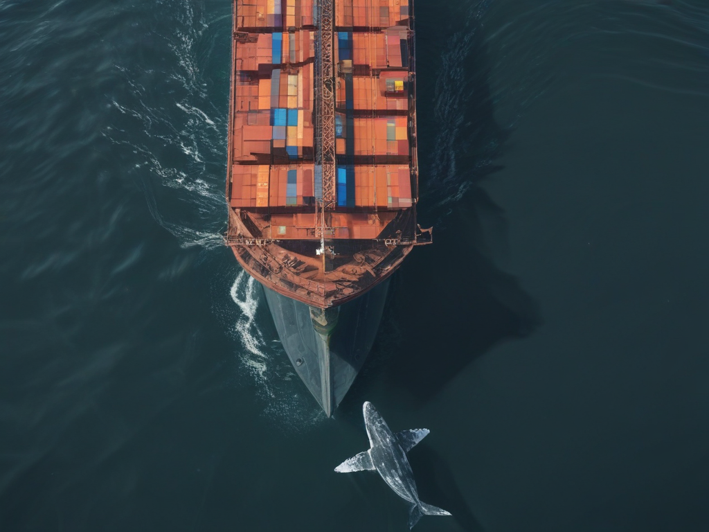 realistic very very giant whale, whale as big as a ship, swimming side ...
