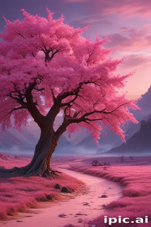 A Serene Landscape Featuring a Vibrant Pink Blossom Tree at Dusk.