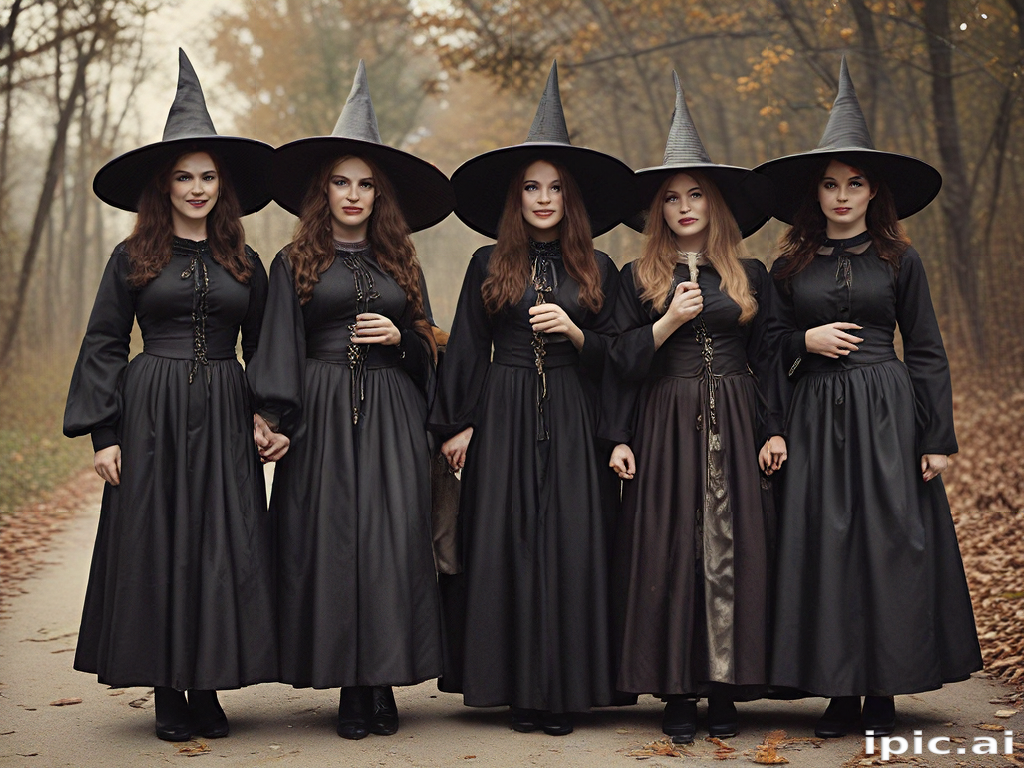 Five Women Dressed as Witches in Black Dresses and Hats