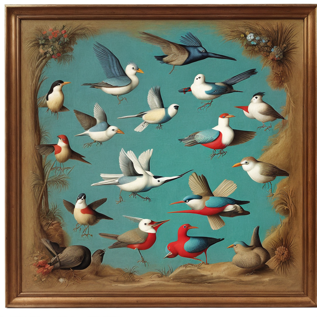 large variety of birds, clouds, in the style of hieronymus bosch
