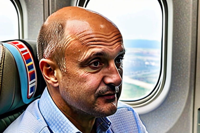 Frightened Evgeny Prigozhin sitting in plane and looking in the window ...