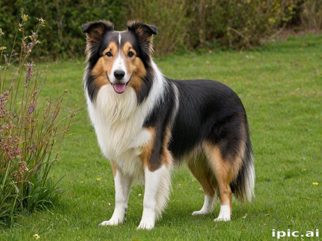 A Beautiful Collie Dog Standing Proudly in a Lush Green Field.