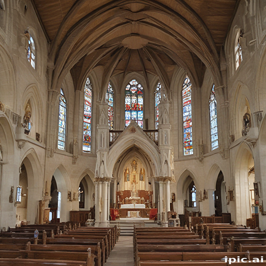 Stunning Interior of an Elegant Church with Colorful Stained Glass Windows