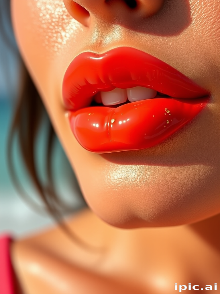 Close-Up of Glossy Red Lips with a Sunlit Beach Background