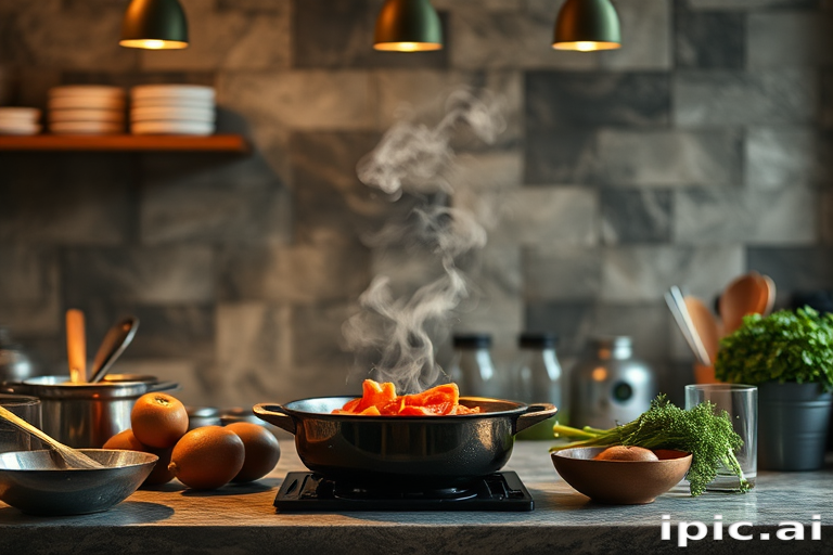 Fresh Ingredients Simmering in a Cozy Kitchen with Steam Rising