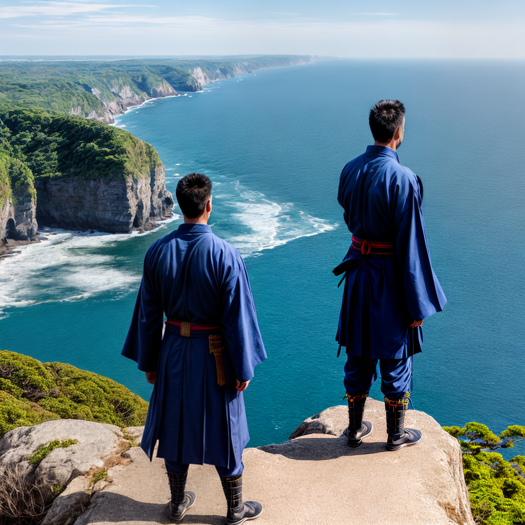 samurai warrior standing on a cliff looking over the vast ocean