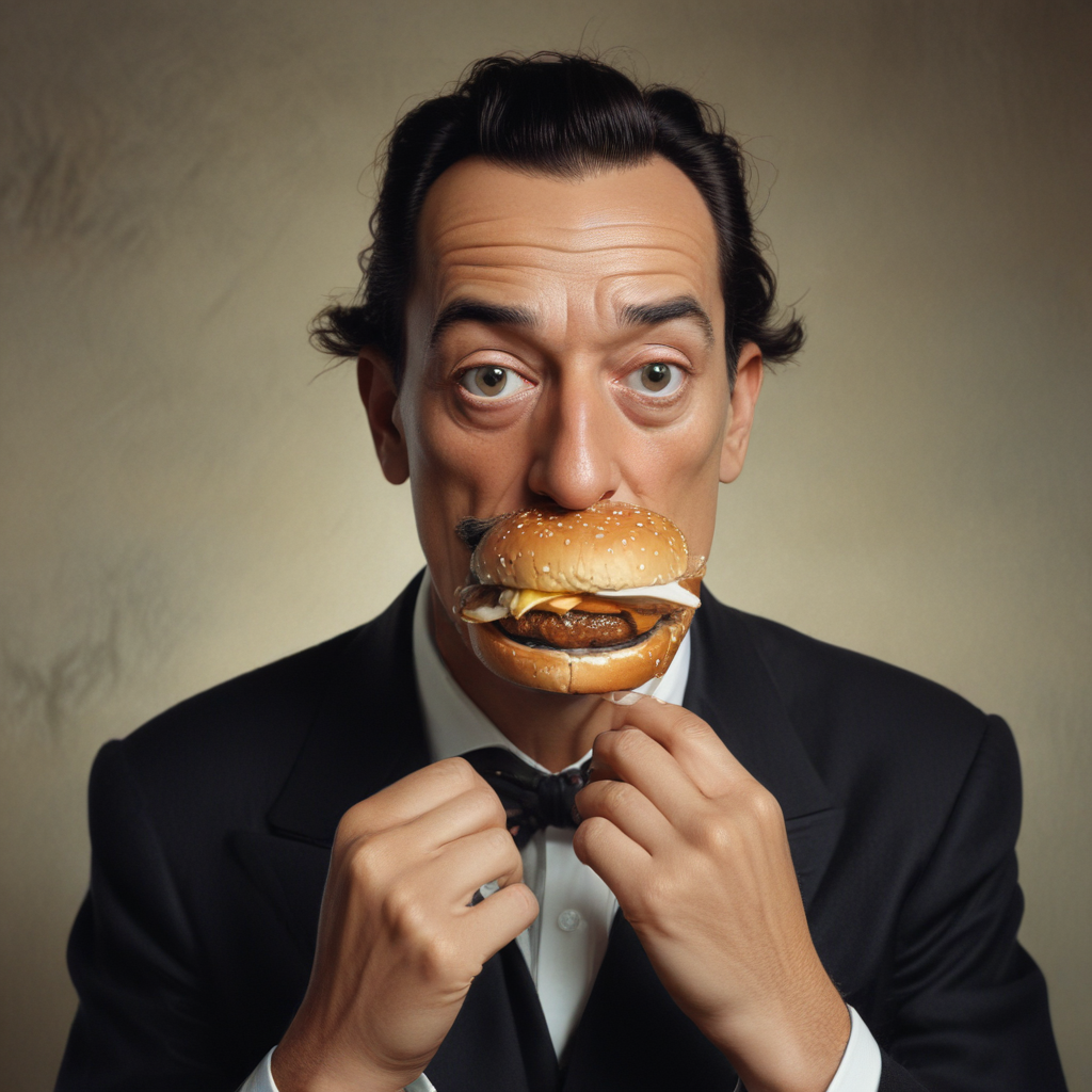 Salvador Dali slim mustache eating hamburger