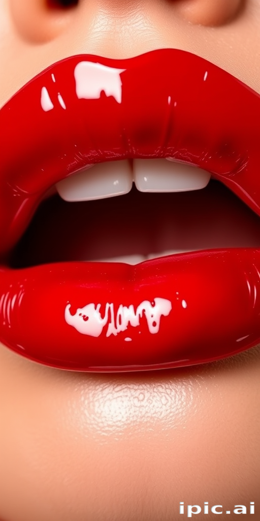 Vibrant Red Lips Glossy Finish with Intriguing Design in Close-Up