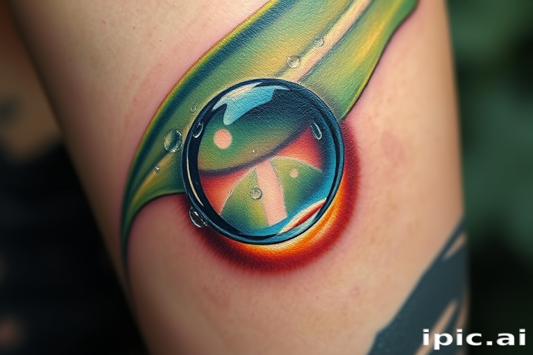 A Vibrant Water Droplet Tattoo Surrounded by Colorful Leaf Designs.