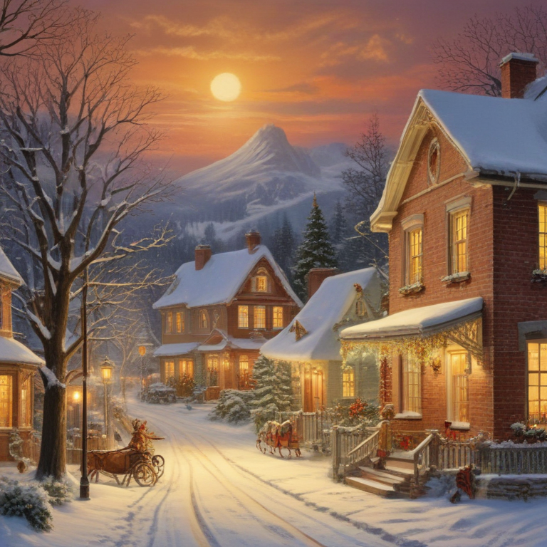 Charming Winter Village Scene at Sunset with Snow-Covered Houses