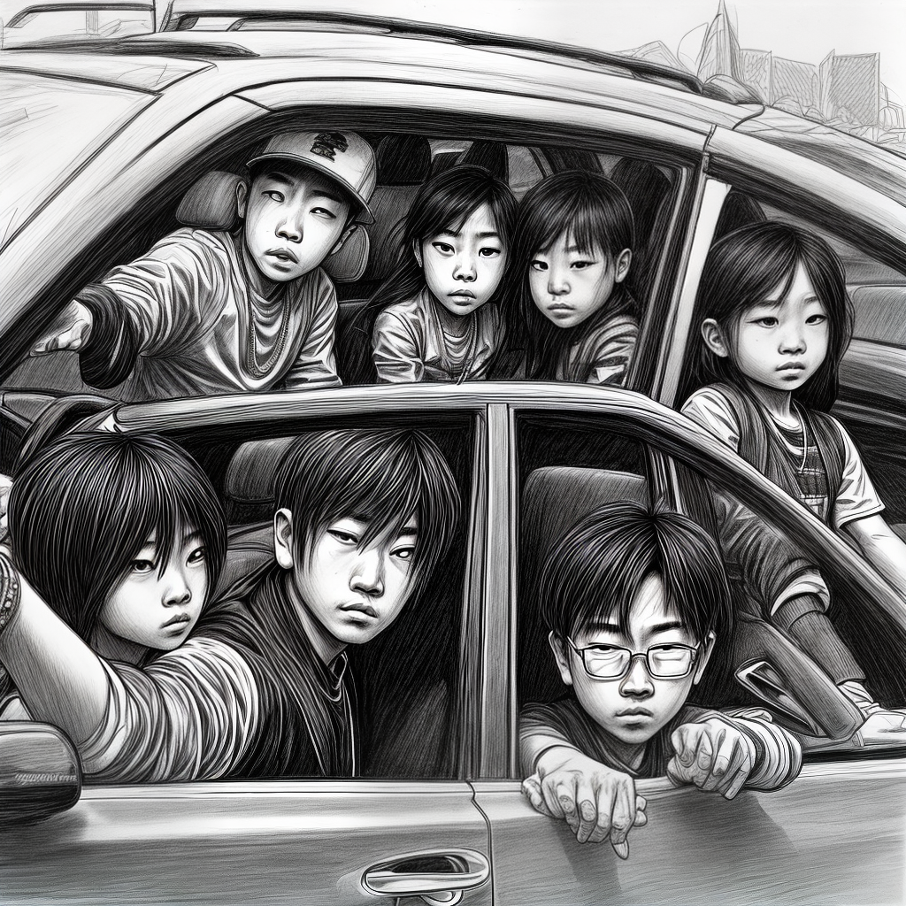 ONE ASIAN RAPPER SITING IN THE CAR WITH GIRLS. CLOSE-UP. FRONT VIEW ...