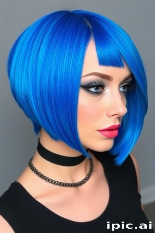 Vibrant Blue Bob Haircut with Bold Makeup and Stylish Accessories