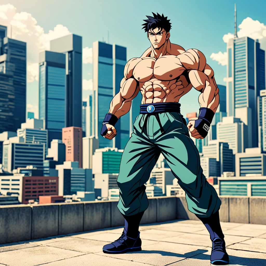 anime fighter in a dinamic pose in anime hero style with a city background